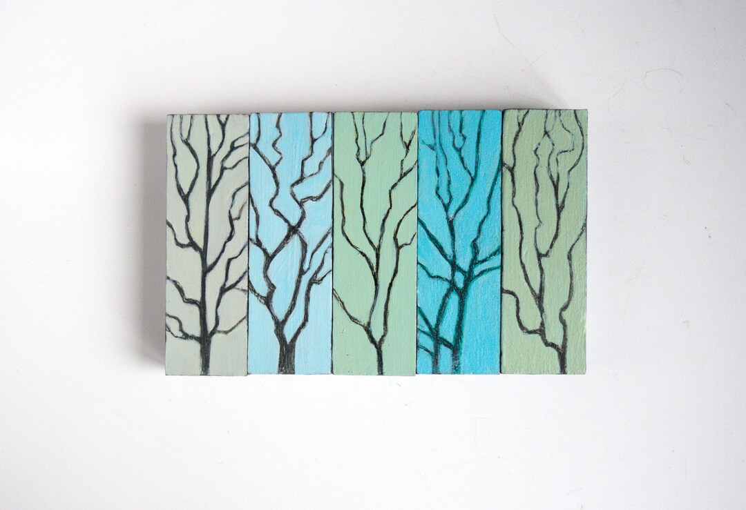 Tiny Tree Art: Original Paintings in Greens and Blues, Mixed Media on ...