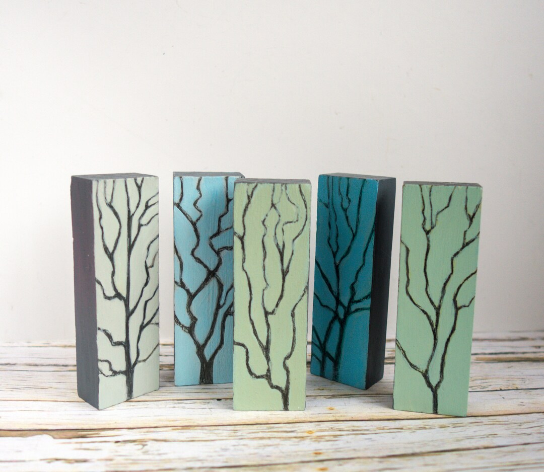 Tiny Tree Art: Original Paintings in Greens and Blues, Mixed Media on ...