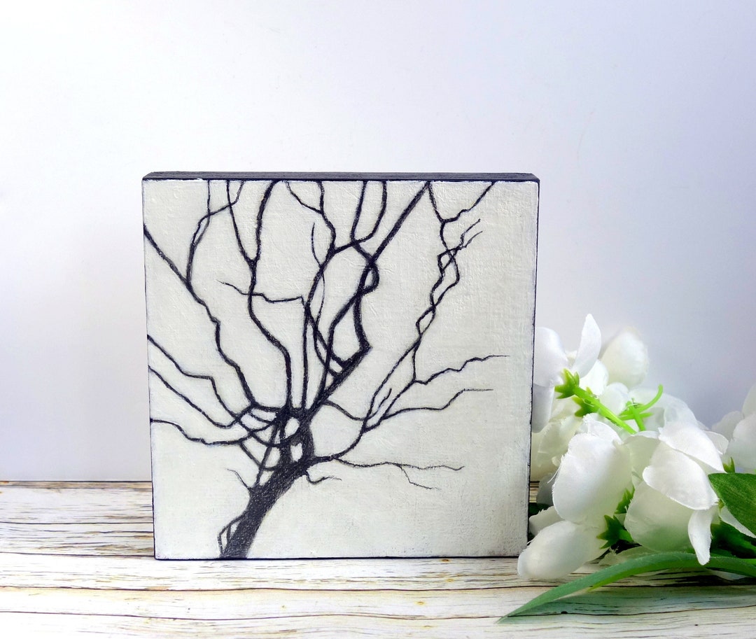 Small Tree Art Block Original Nature Painting in Black & - Etsy