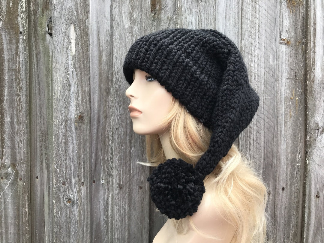 Black Santa Hat, Stocking Cap, Stocking Hat, Christmas Hat, Chunky Knit ...