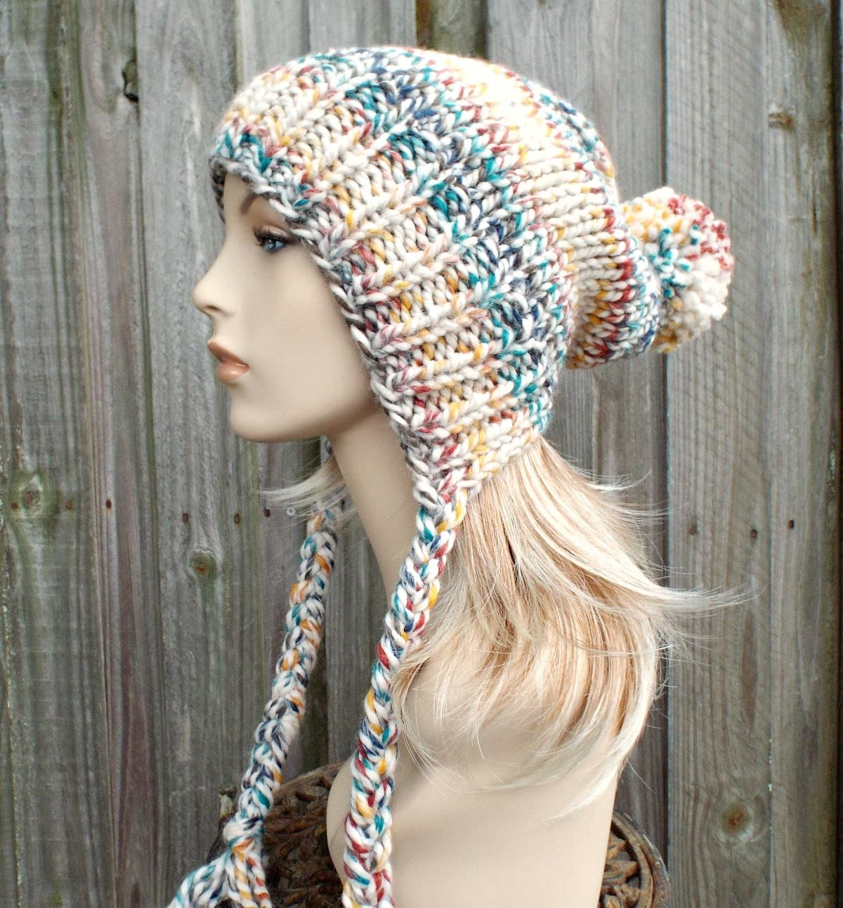 Slouchy Hat, Womens Hat, Ear Flap Hat, Slouchy Beanie, Cream Multicolor ...