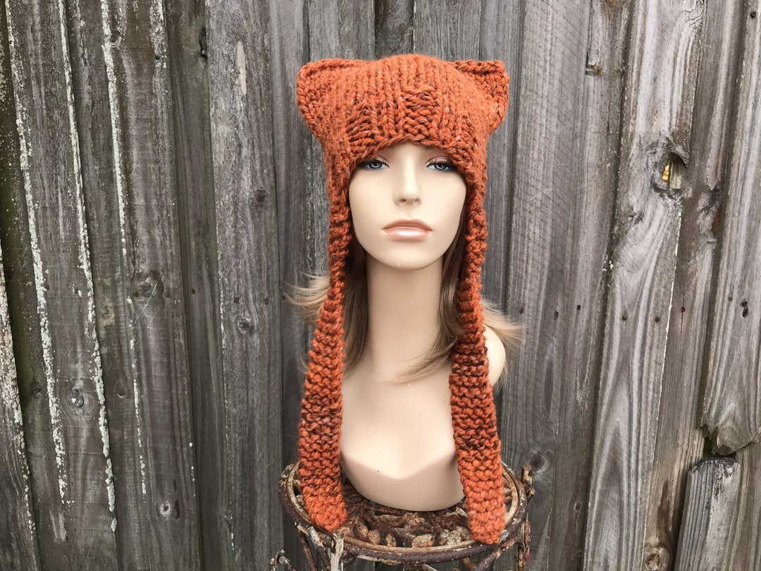 Orange Cat Hat, Halloween Costume, Chunky Knit Hat, Womens Hat, Mens ...