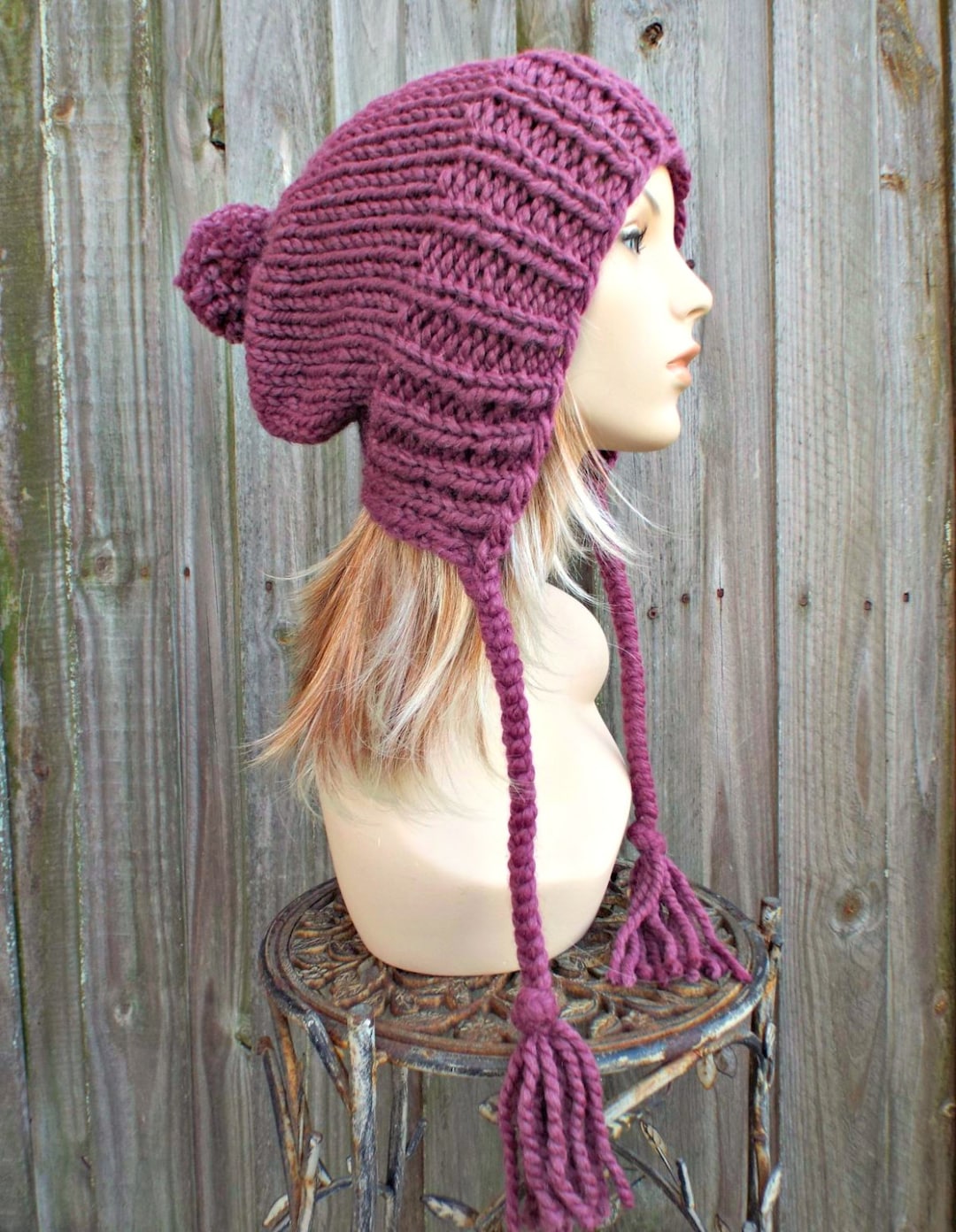 Slouchy Hat With Ear Flaps, Hand Knit Beanie, Chunky Knit Hat, Womens ...