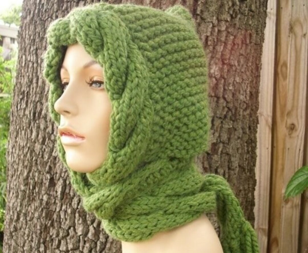Bufanda con capucha verde hierba Chunky Knit Hat Sombrero de mujer ...