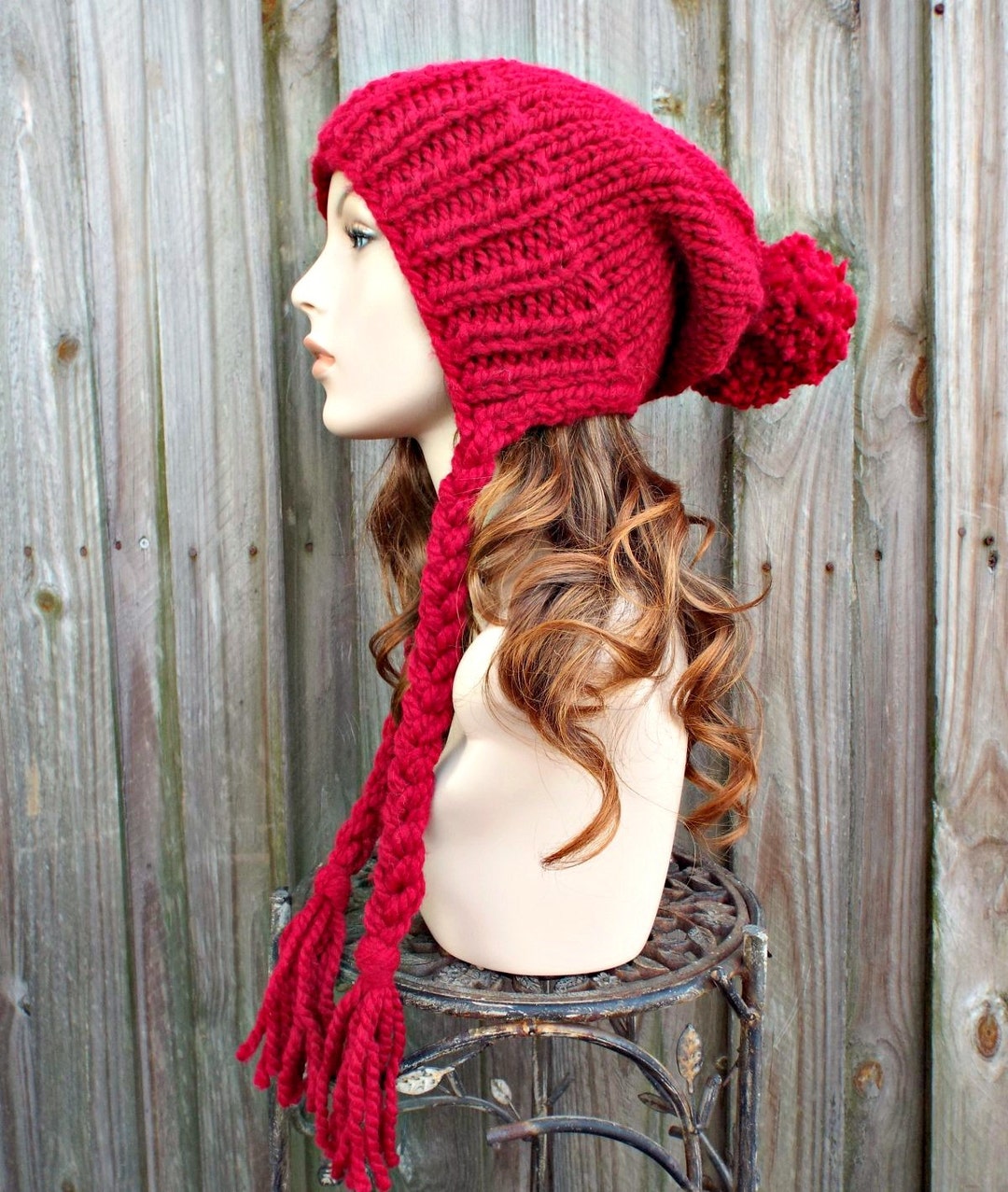 Cranberry Red Slouchy Hat, Chunky Knit Hat, Womens Hat, Mens Hat ...