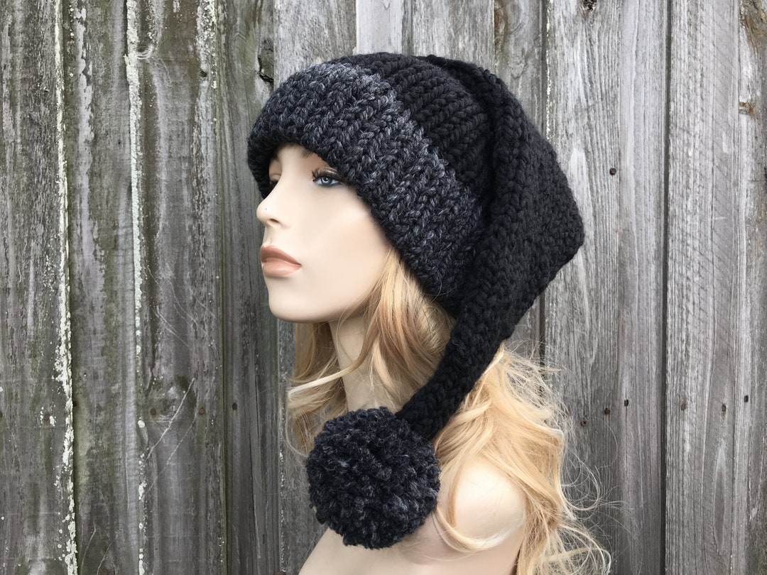 Black Santa Hat, Santa Claus Hat, Elf Hat, Christmas Hat, Stocking Cap ...