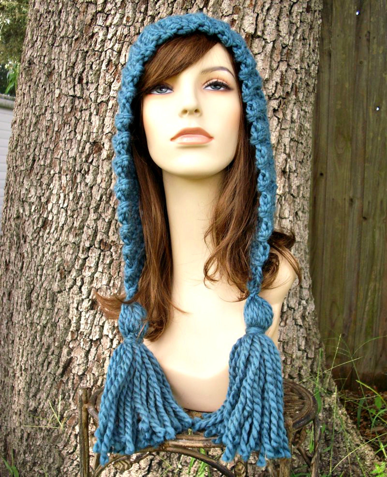 Teal Blue Womens Hat Crochet Hood Tassel Hat Blue Ear Flap - Etsy