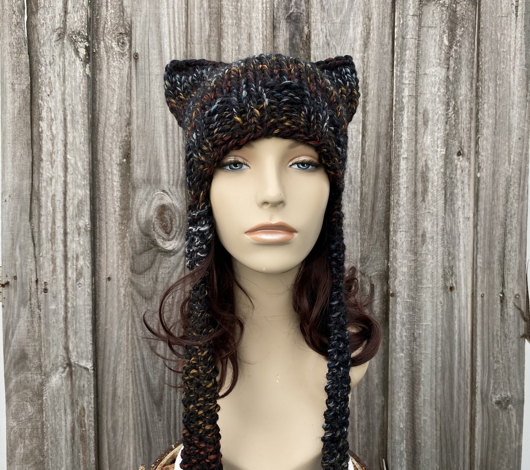 Rainbow Black Cat Hat, Halloween Hat, Chunky Knit Hat, Womens Hat, Mens ...