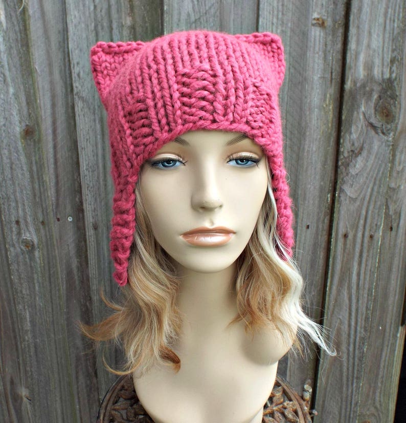 Womens Knit Hat Pink Pussyhat Pink Pussy Hat Pink Cat Hat Etsy