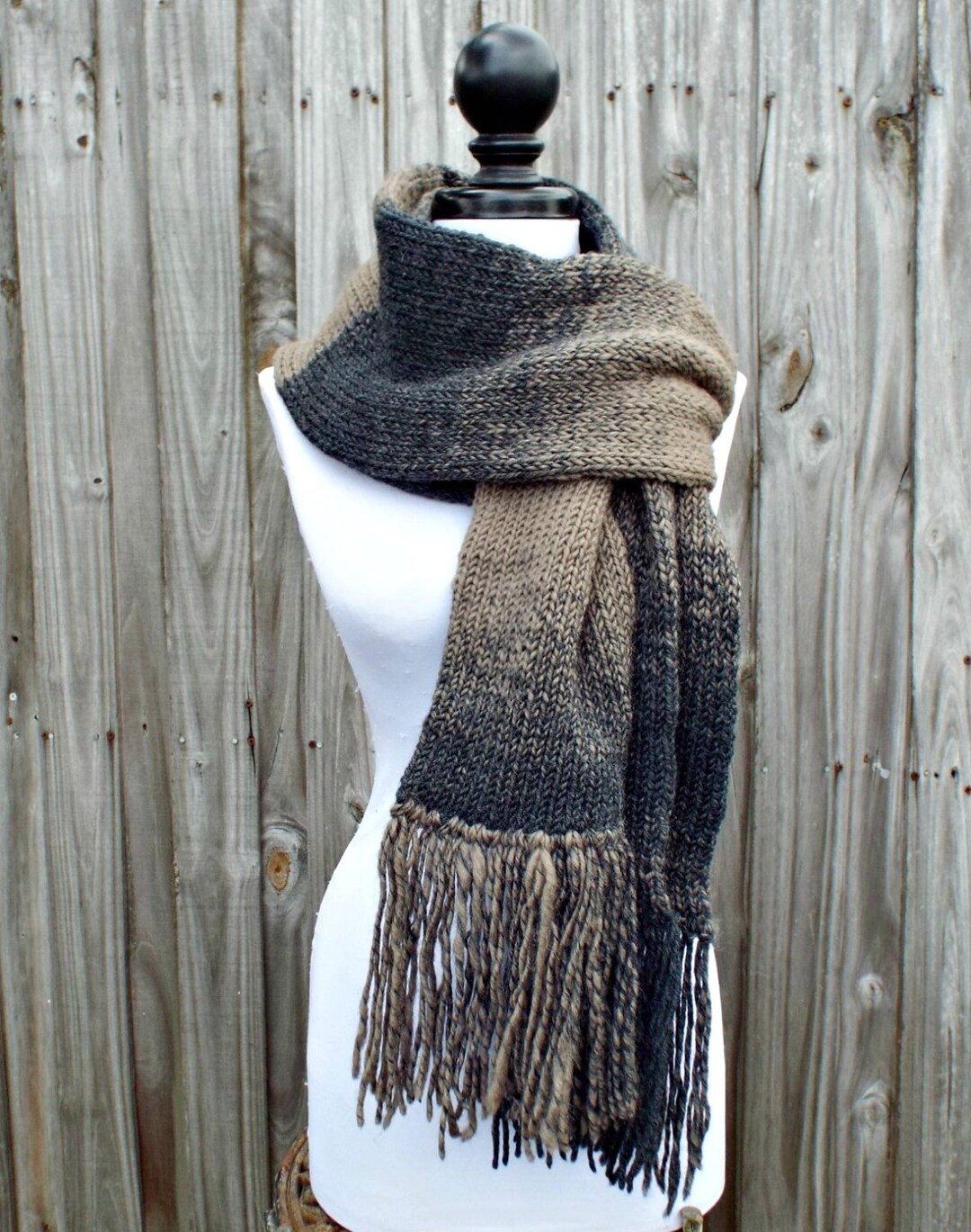Double Knit Scarf With Fringe, Charcoal Grey and Taupe Brown Scarf ...