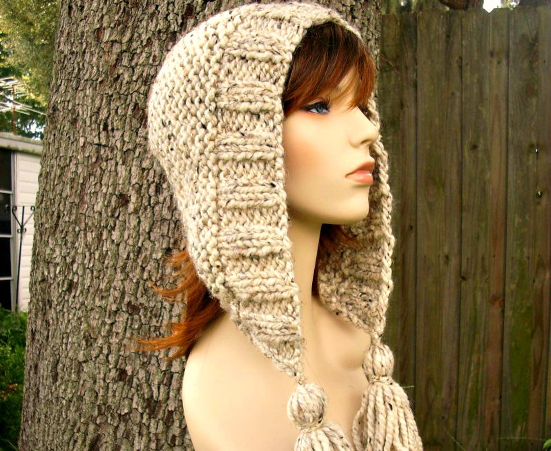Hand Knit Hood With Tassels, Knit Bonnet Adult, Chunky Knit Hat, Womens ...