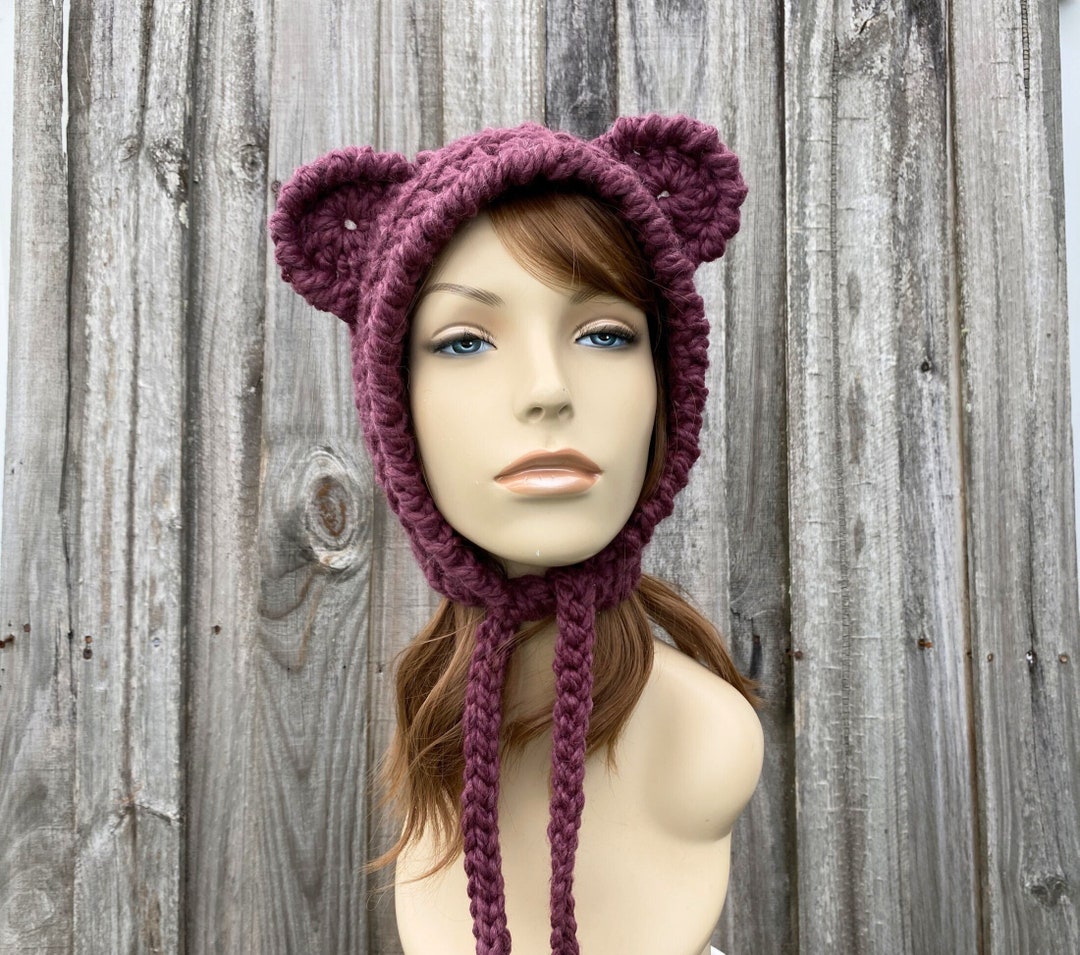 Bear Ear Hat, Bear Bonnet, Adult Bonnet, Chunky Crochet Hat, Crochet ...
