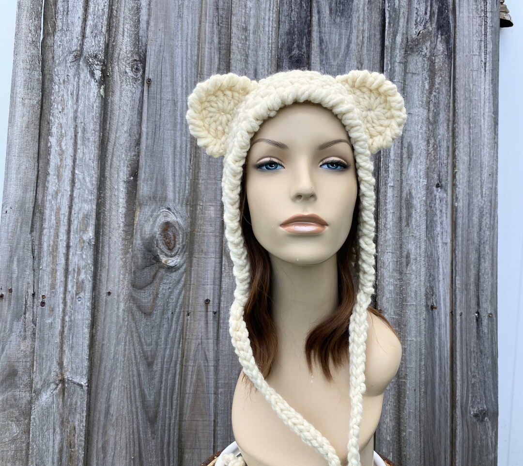 Cream Bear Hat, Bear Ear Bonnet, Adult Bonnet, Chunky Crochet Hat ...