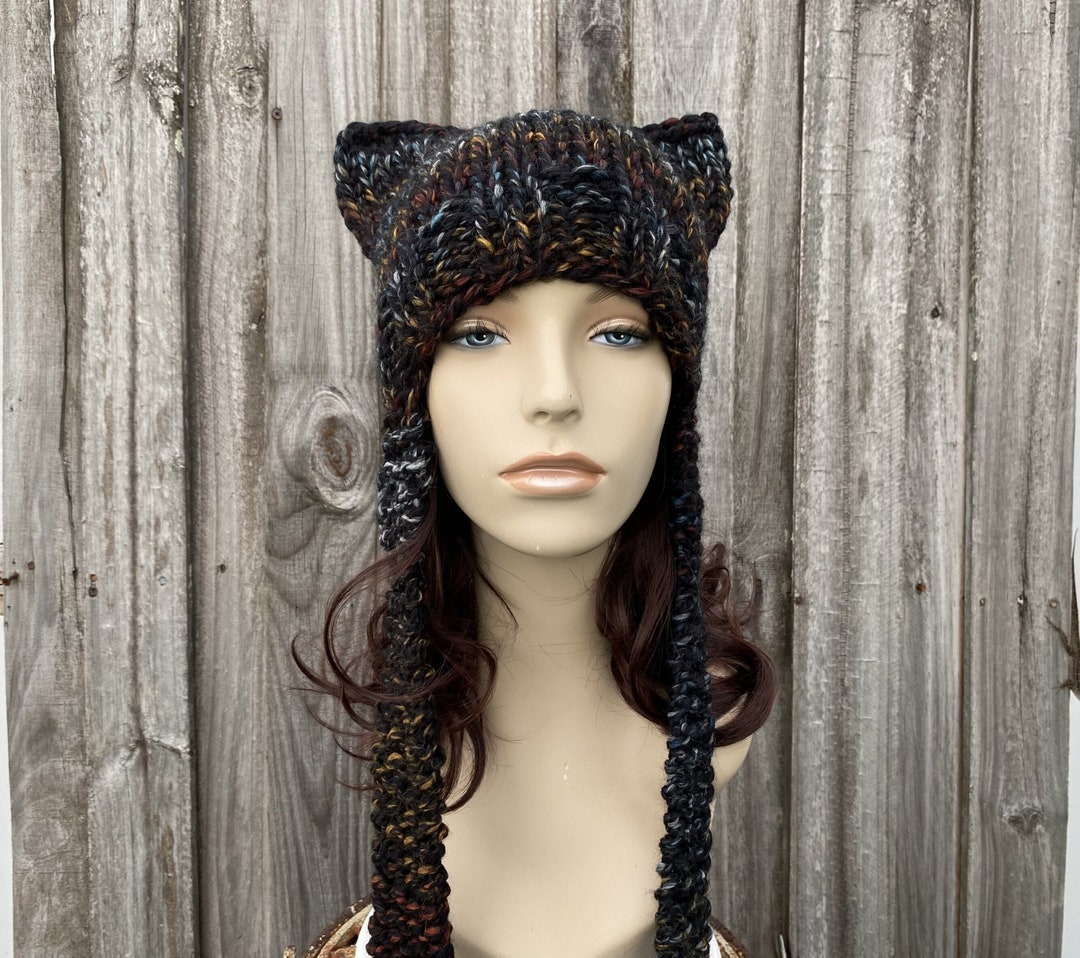 Rainbow Black Cat Hat, Halloween Hat, Chunky Knit Hat, Womens Hat, Mens ...