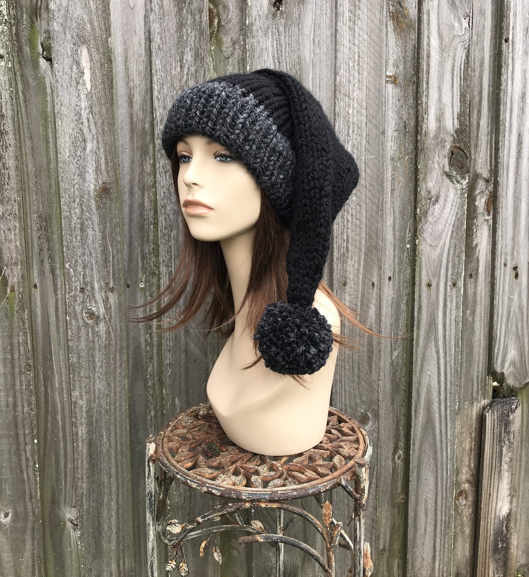 Black Santa Hat With Grey Brim Pom Pom - Christmas Hat Knit Hat Winter ...