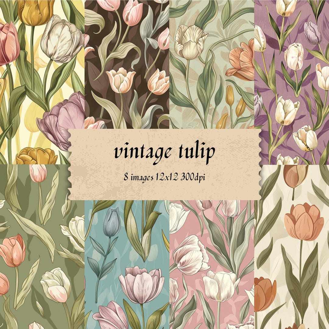 Vintage Tulips Seamless Digital Papers, Floral Pattern, Spring Flowers ...