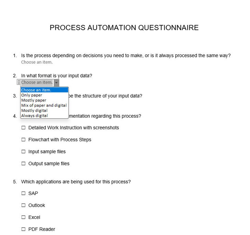 Process Automation Questionnaire Template word - Etsy
