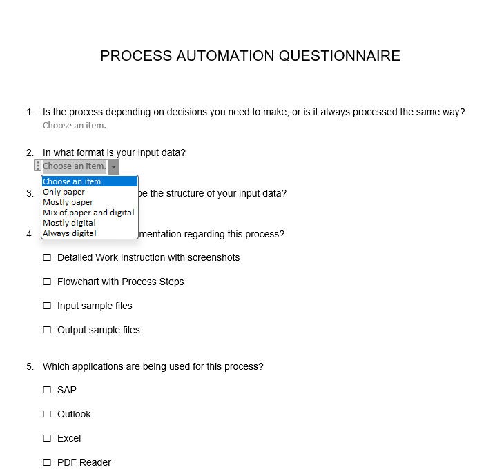 Process Automation Questionnaire Template word - Etsy