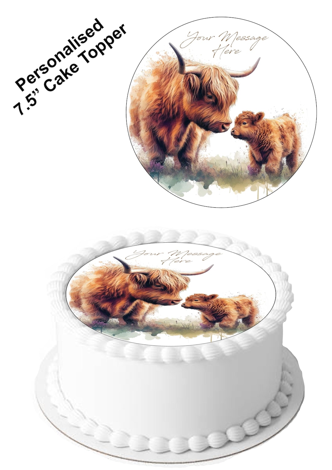 Personalised Message Highland Cow Animal Design 7.5inch Circle Edible ...