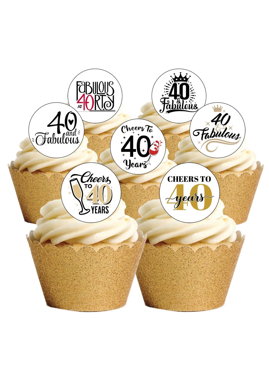24 Precut Age 40 Cheers to Forty Years Birthday Edible Wafer Paper Cake ...