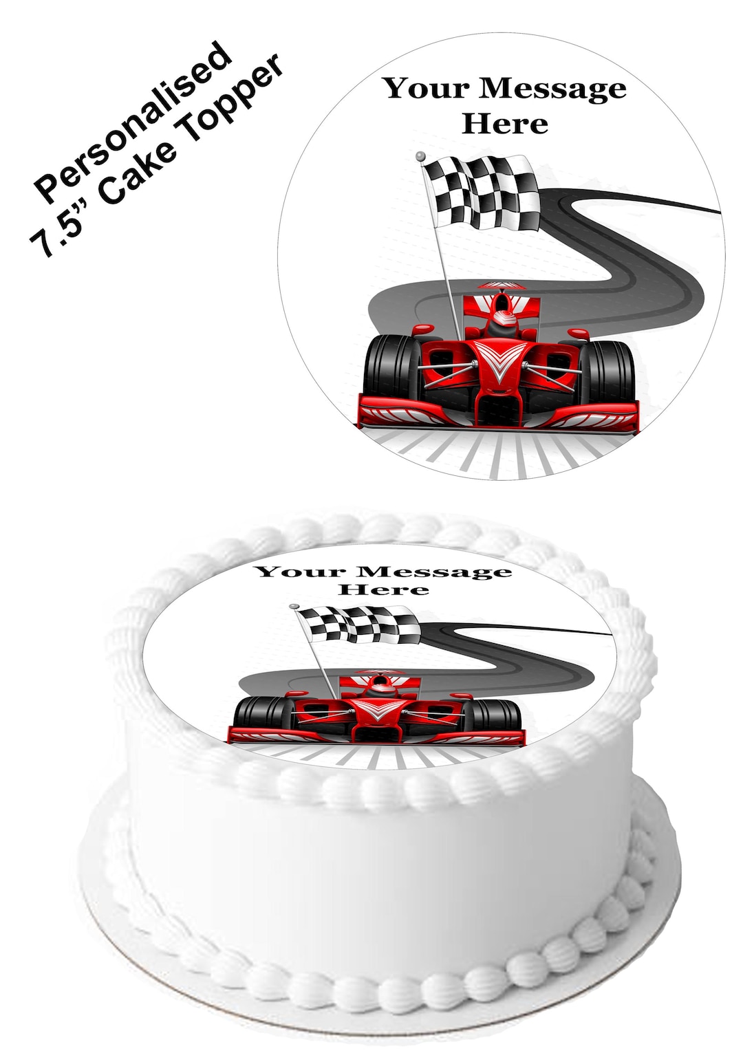 Personalised Racing Car 7.5inch Circle Edible Icing Cake Topper ...