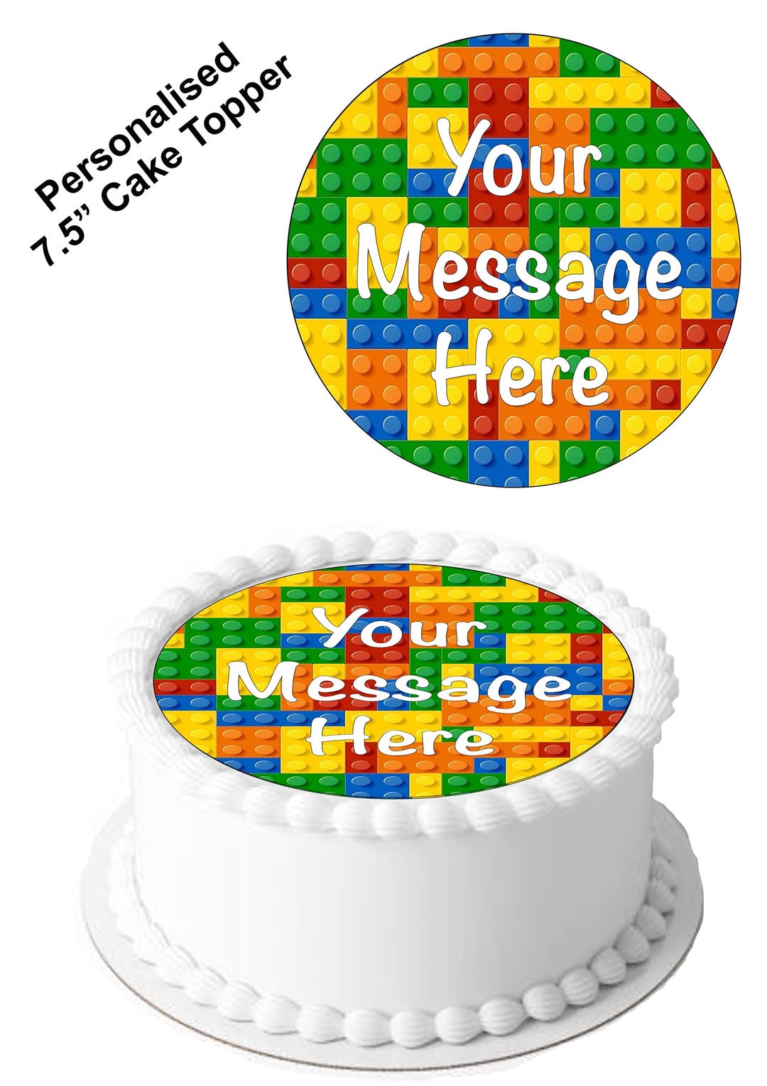 Personalised Colourful Blocks Bricks Design 7.5inch Circle Edible Icing ...