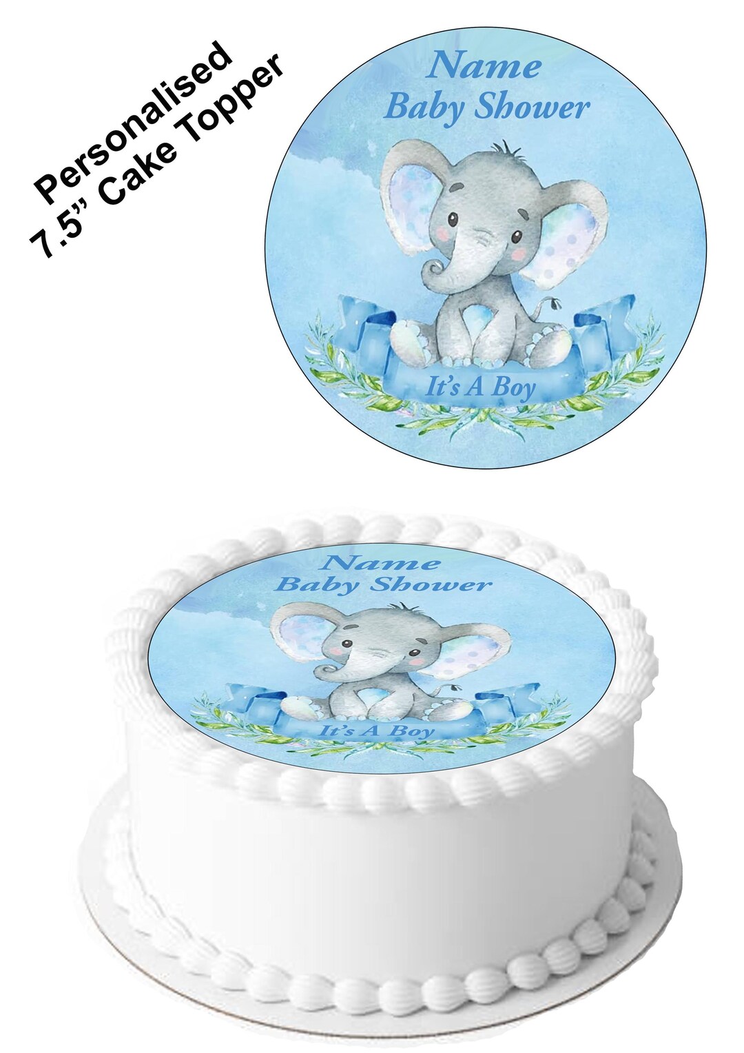 Personalised Baby Boy Shower 7.5inch Circle Edible Icing Cake ...