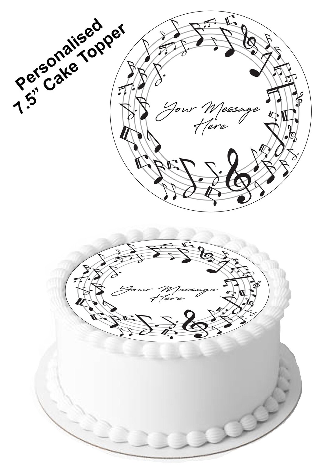 Personalised Music Musical Note Design 7.5inch Circle Edible Icing Cake ...