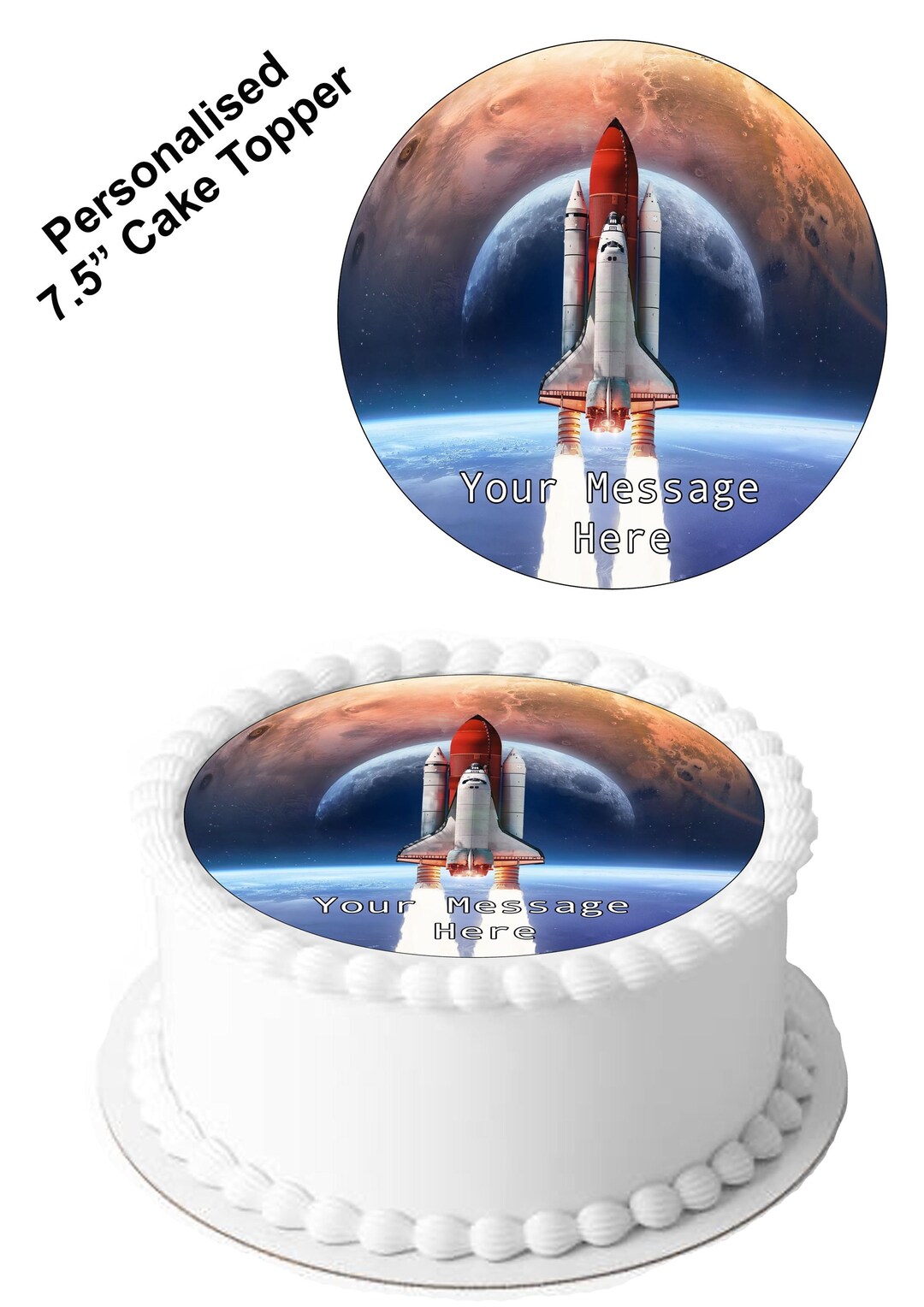 Personalised Space ROCKET Shuttle Design 7.5inch Circle Edible Icing ...