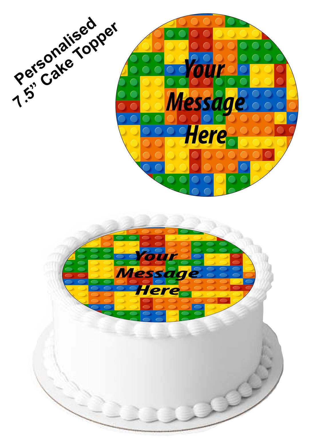 Personalised Colourful Blocks Bricks Design 7.5inch Circle Edible Icing ...