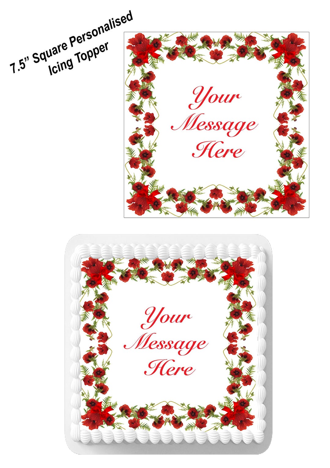 Personalised Message Red Poppy Design 7.5inch SQUARE Edible Icing Cake ...