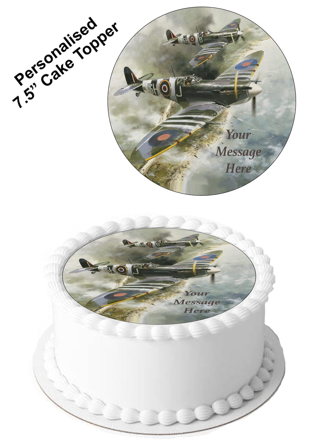 Personalised Vintage Spitfire Plane WW2 7.5inch Circle Edible Icing ...