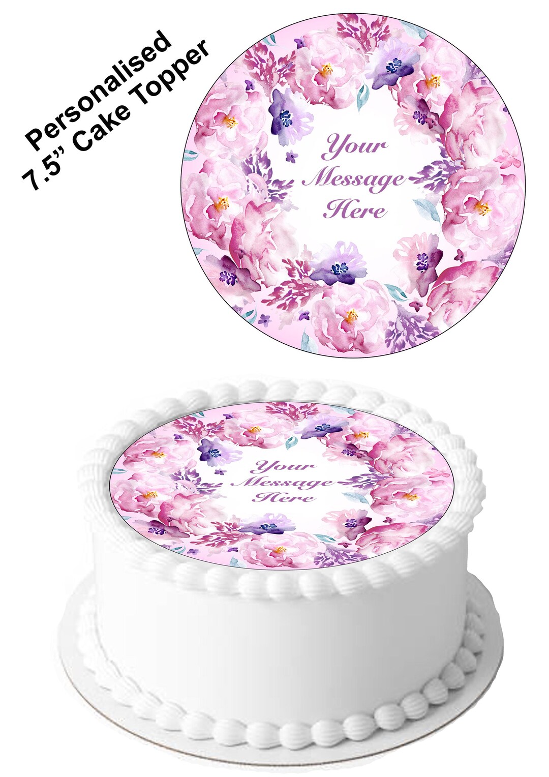 Personalised Pink Watercolour Flower 7.5inch Circle Edible Icing Cake ...