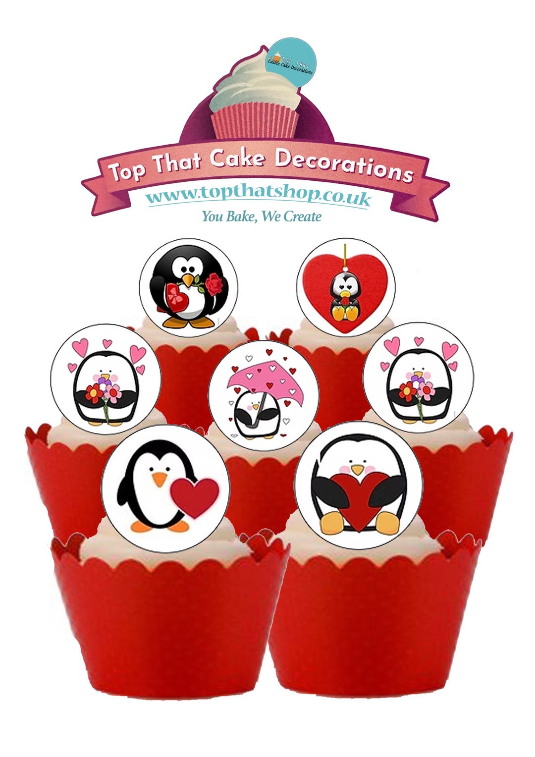 24 Precut Valentines Day Cute PENGUIN Edible Wafer Paper Cake Toppers ...