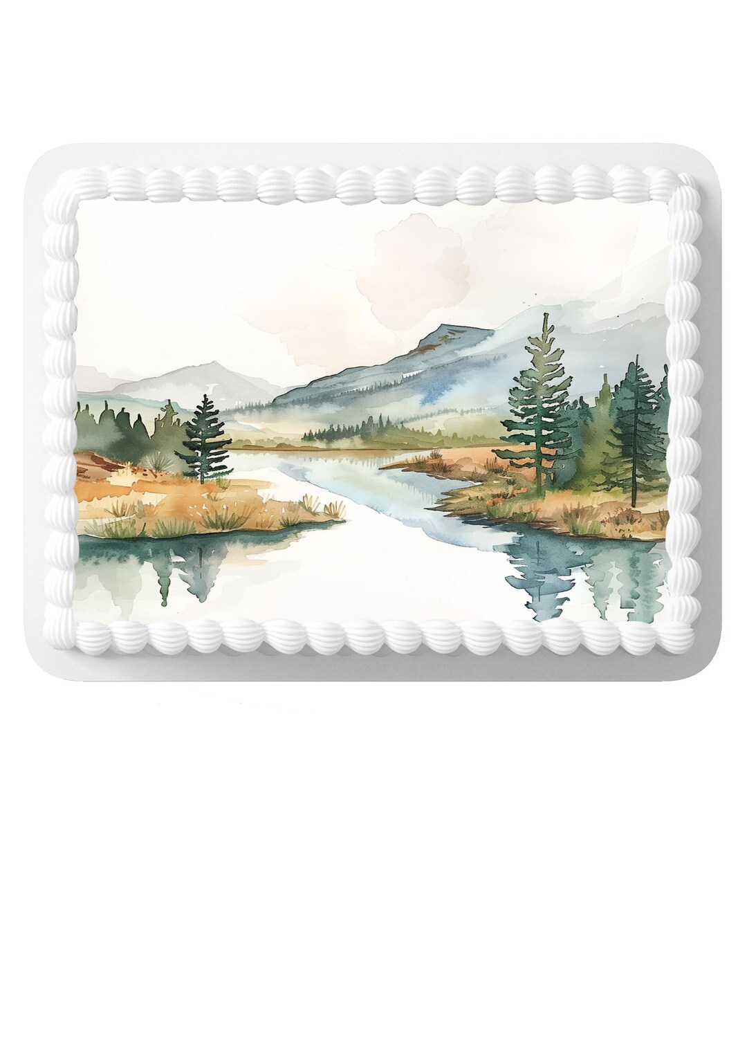 A4 Size Rectangle Watercolour Mountain Lake Design Edible Icing Cake ...