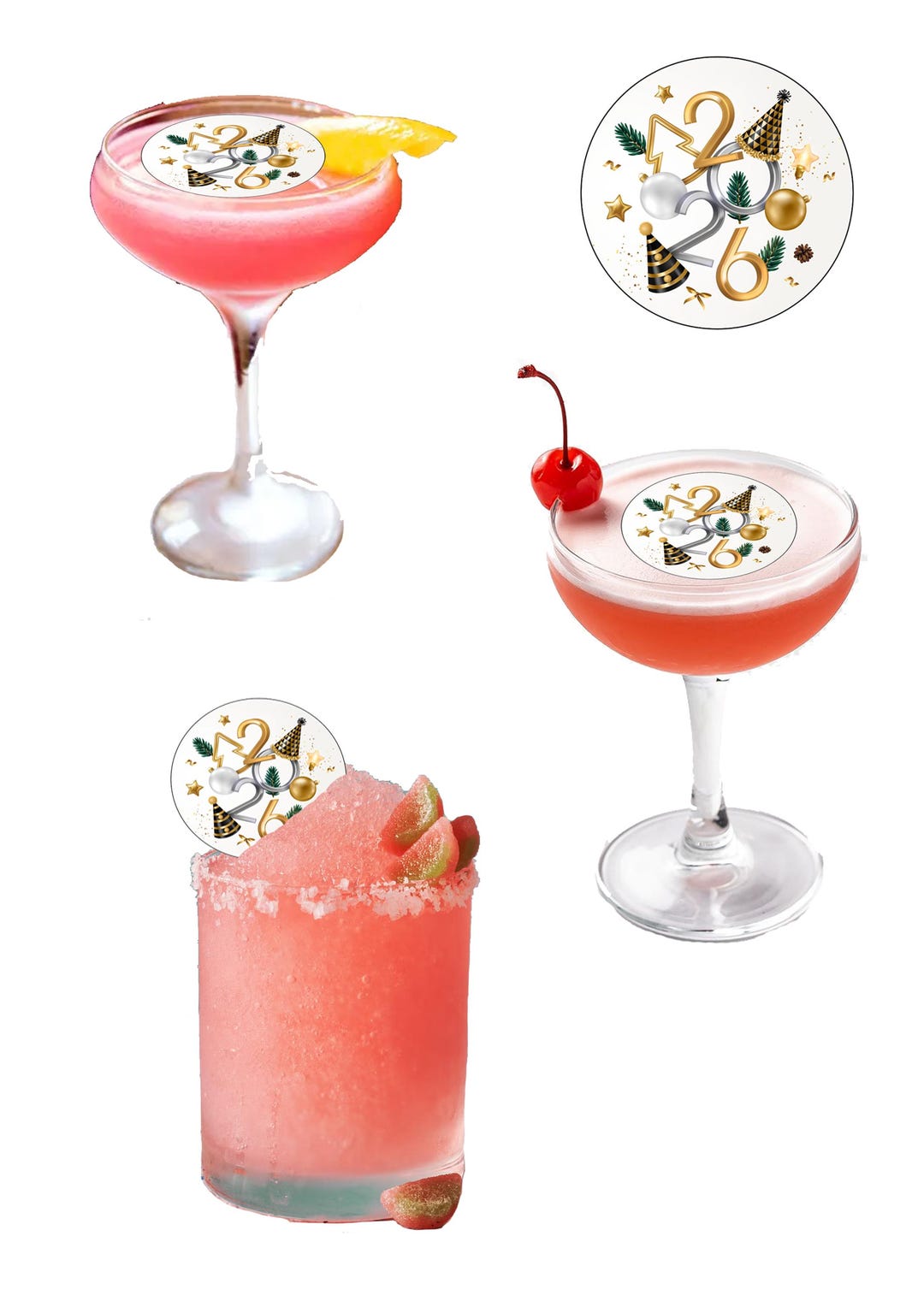 15 Precut New Year 2026 COCKTAIL Champagne Drinks TOPPERS Edible Wafer ...