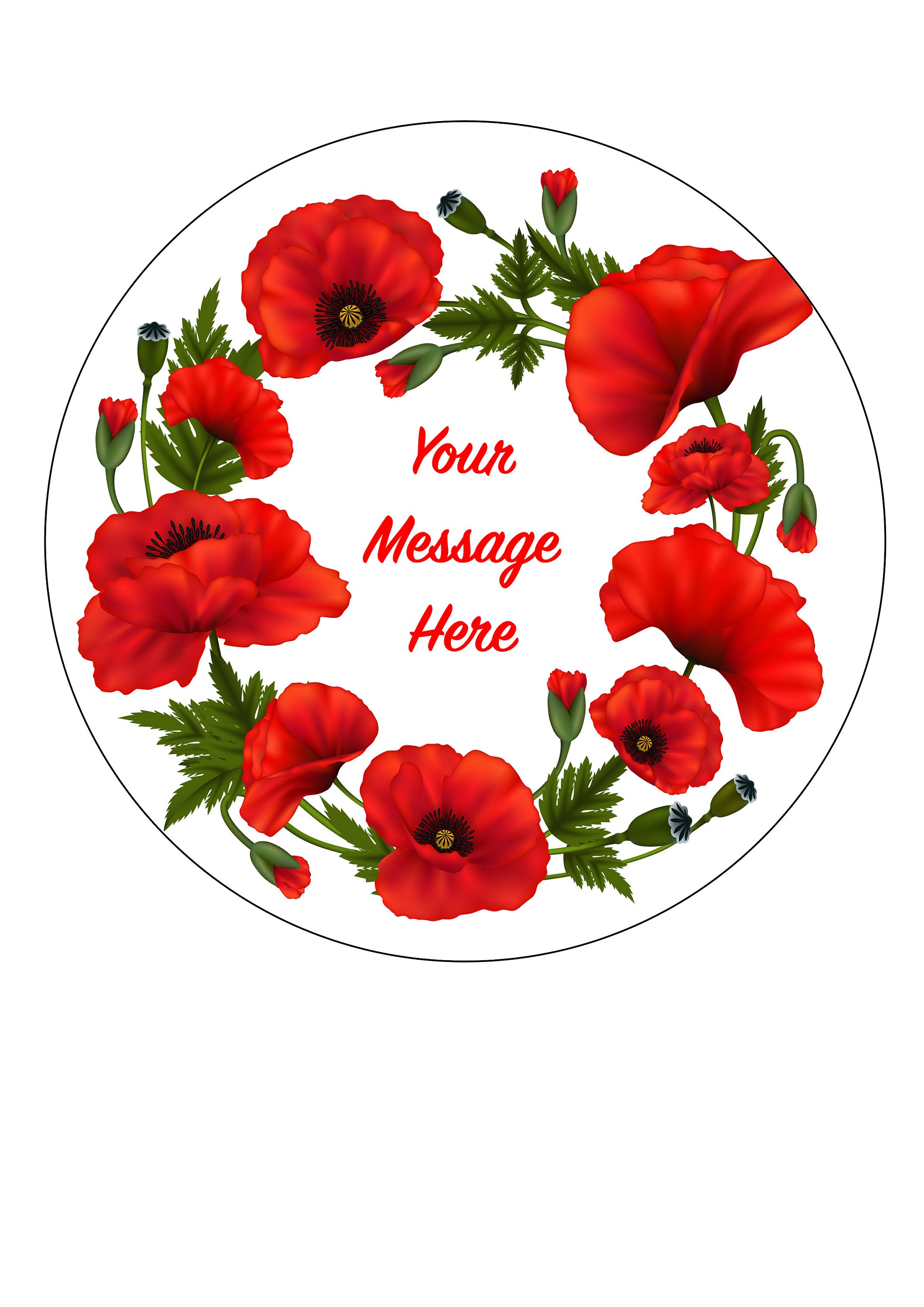Personalised Message Red Poppy Flower 7.5inch Circle Edible Icing Cake ...