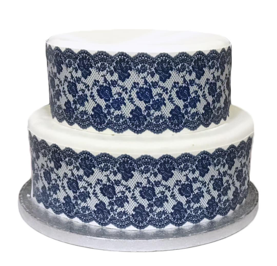 Navy Blue Lace Effect Border Ribbon Icing Cake Decoration Topper ...
