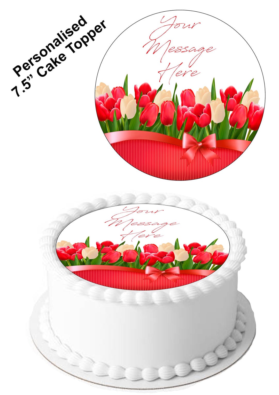 Personalised Red & White Tulip Flower 7.5inch Circle Edible Icing Cake ...