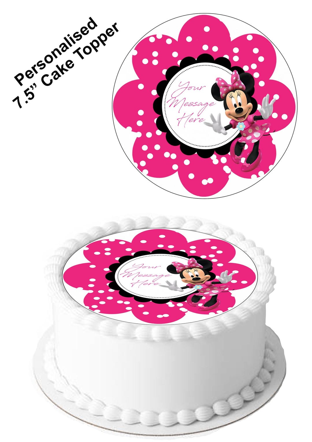 Personalised Message Pink Minnie Mouse 7.5inch Circle Edible Icing Cake ...