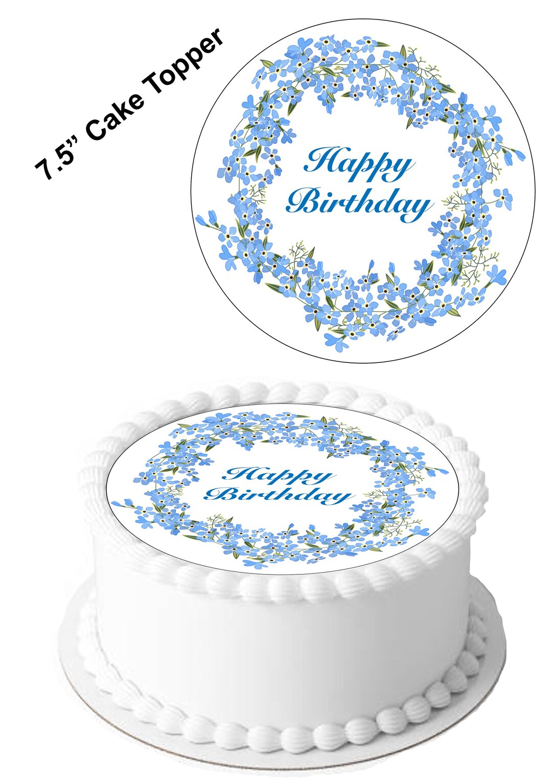 Happy Birthday Forget Me Not Blue Flower 7.5inch Circle Edible Icing ...