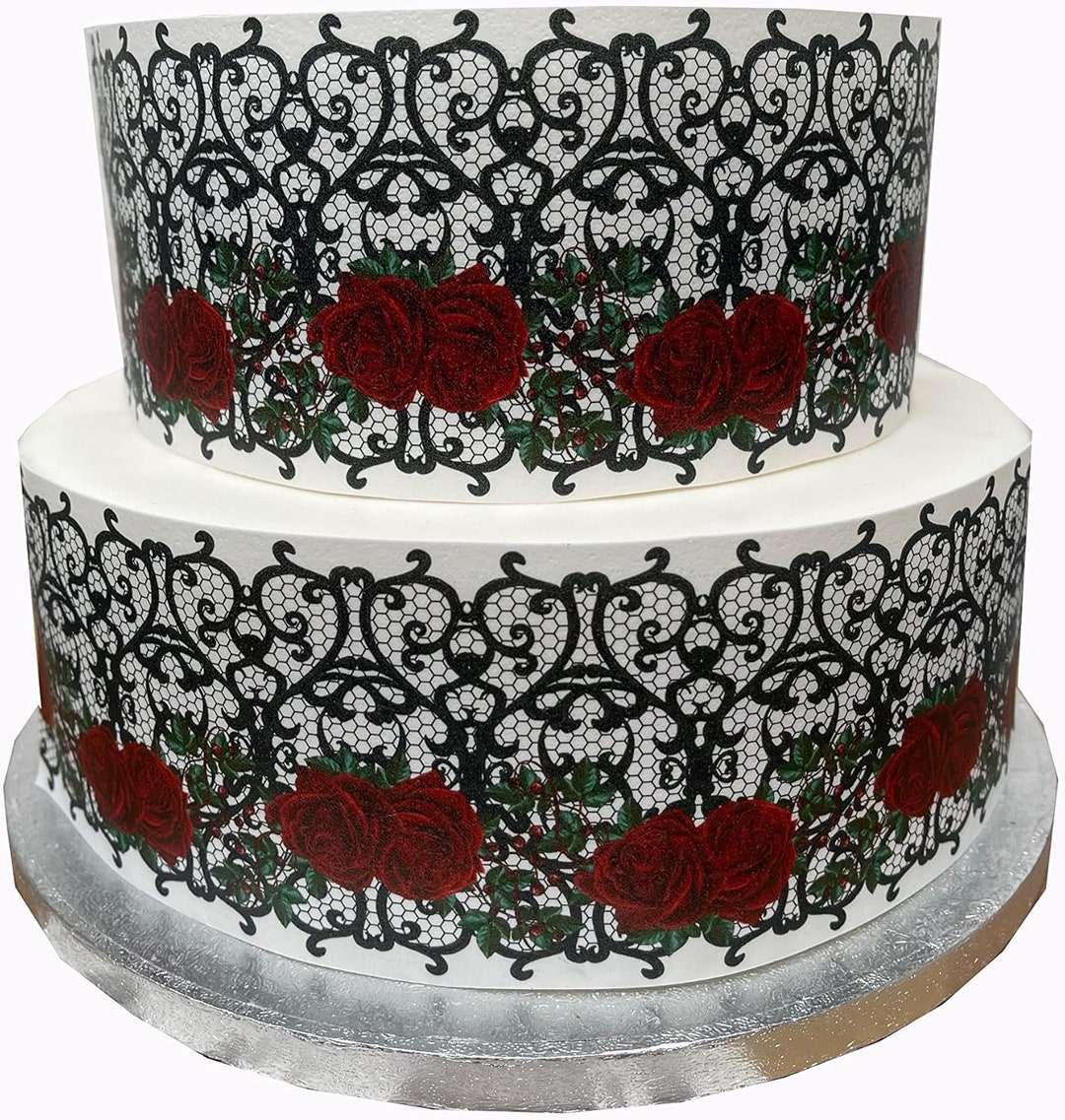 Gothic Black Lace and Red Rose Border Ribbon Icing Cake Decoration ...