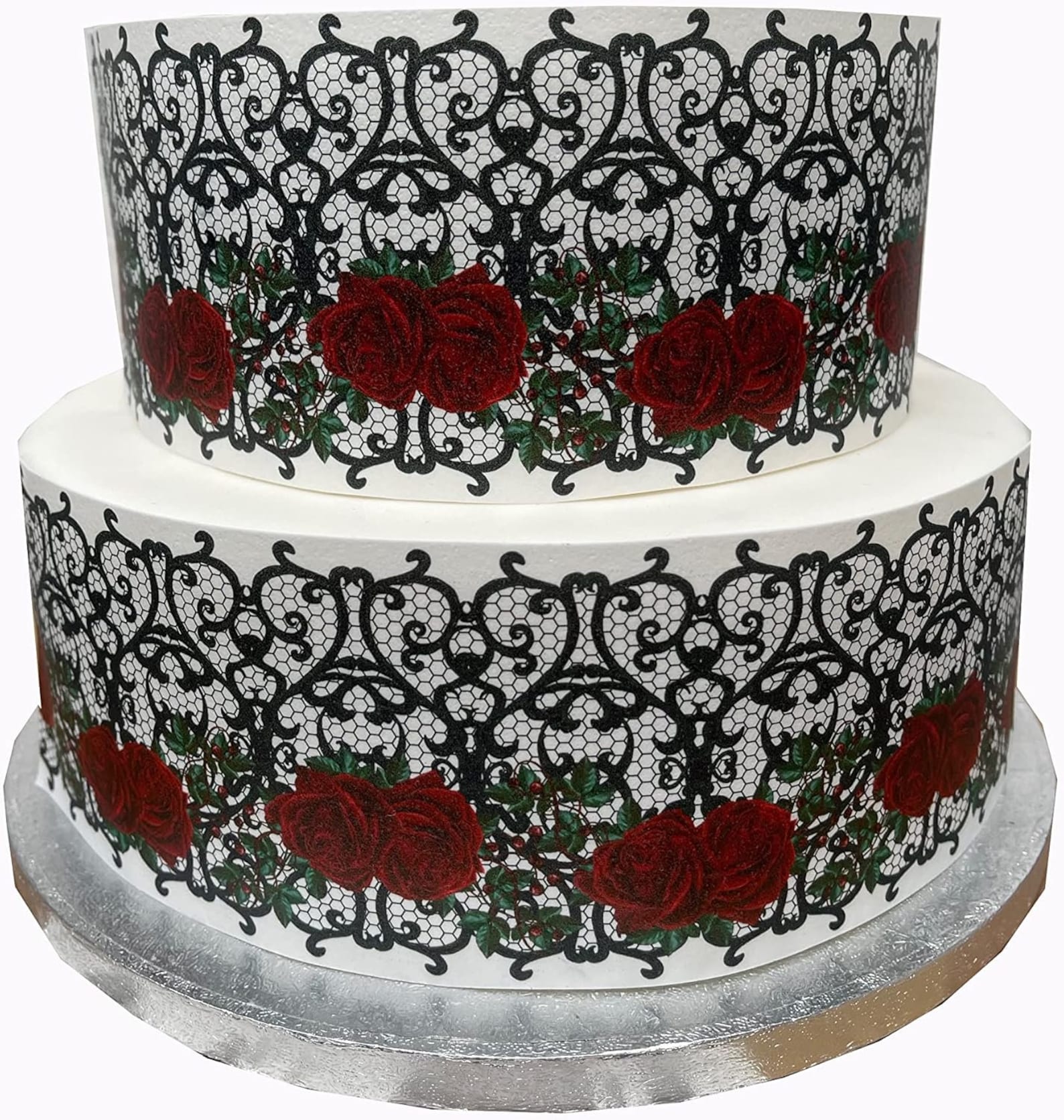 Gothic Black Lace and Red Rose Border Ribbon Edible Icing Cake ...