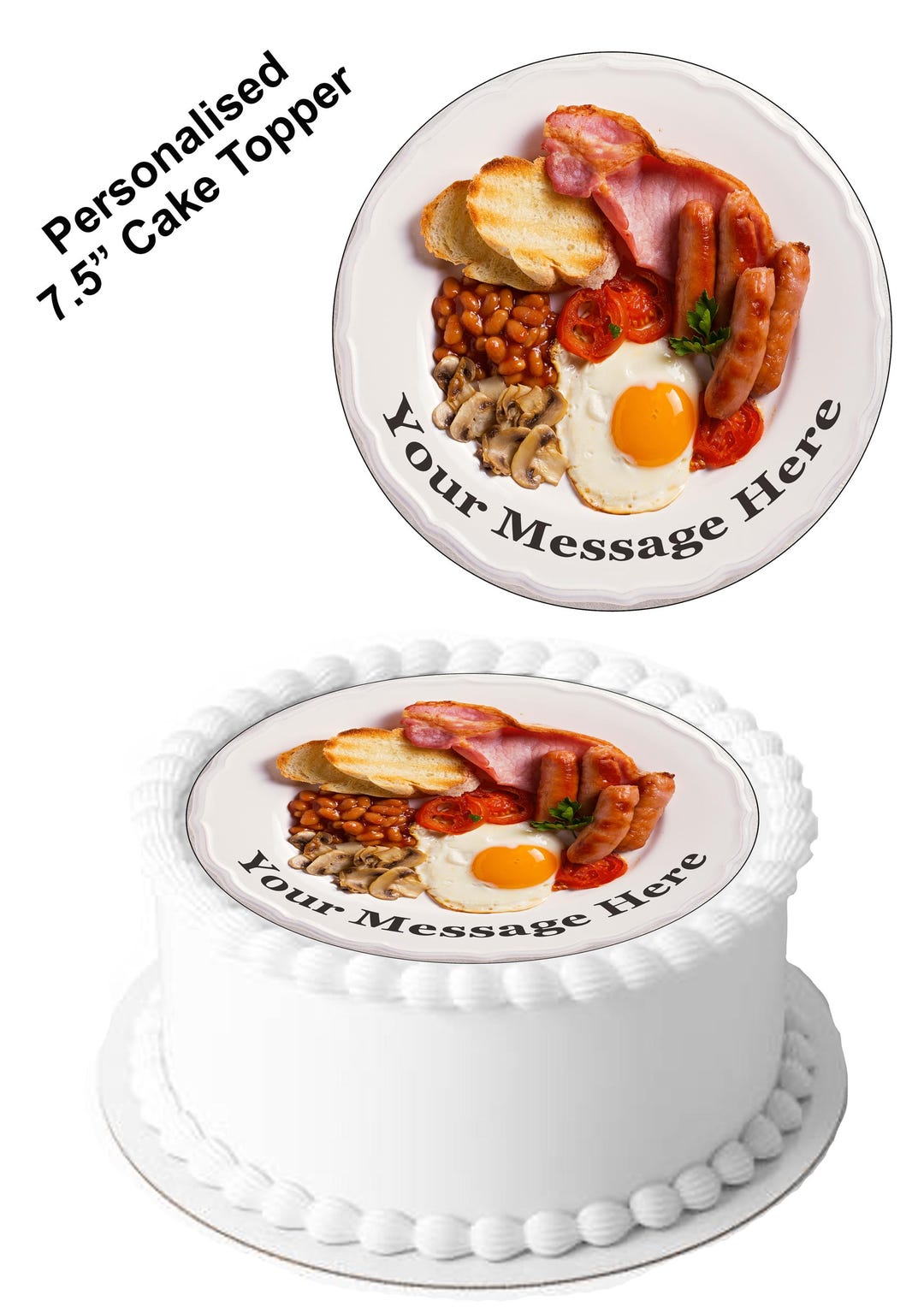 Personalised Full English Breakfast 7.5inch Circle Edible Icing Cake ...