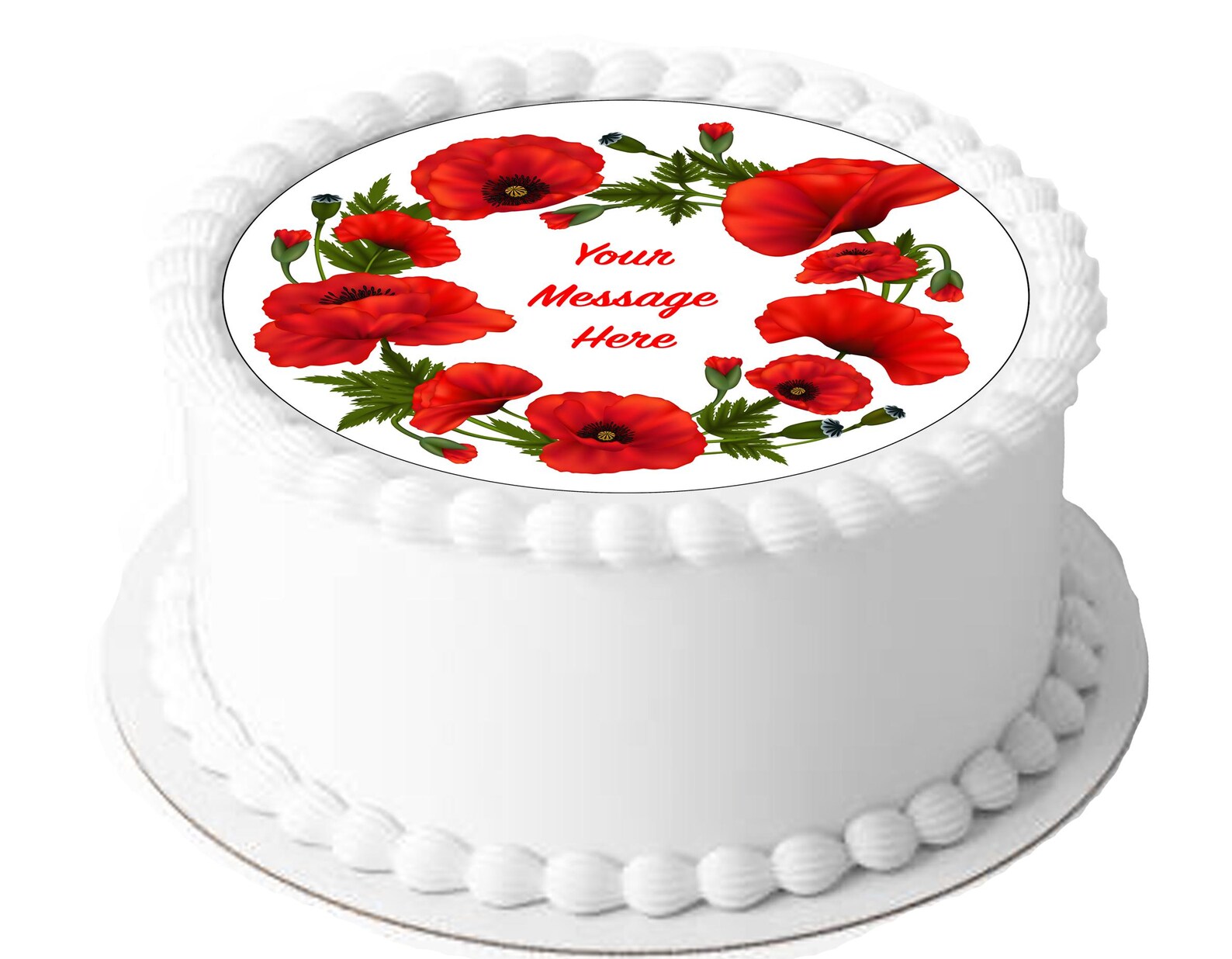 Personalised Message Red Poppy Flower 7.5inch Circle Edible Icing Cake ...