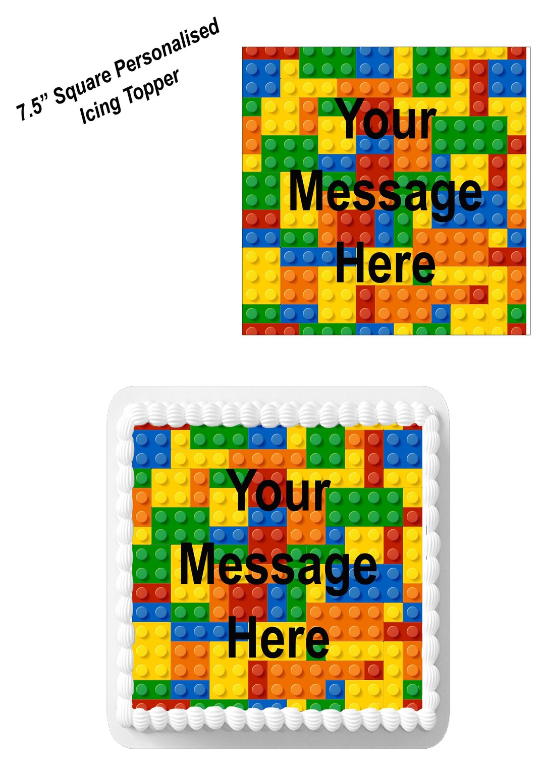 Personalised Message Colourful Block Brick 7.5inch SQUARE Edible Icing ...