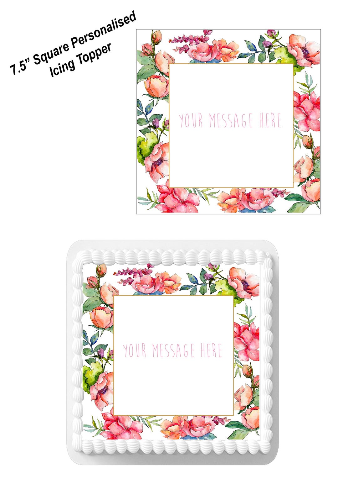 Personalised Message Flower Design 7.5inch SQUARE Edible Icing Cake ...