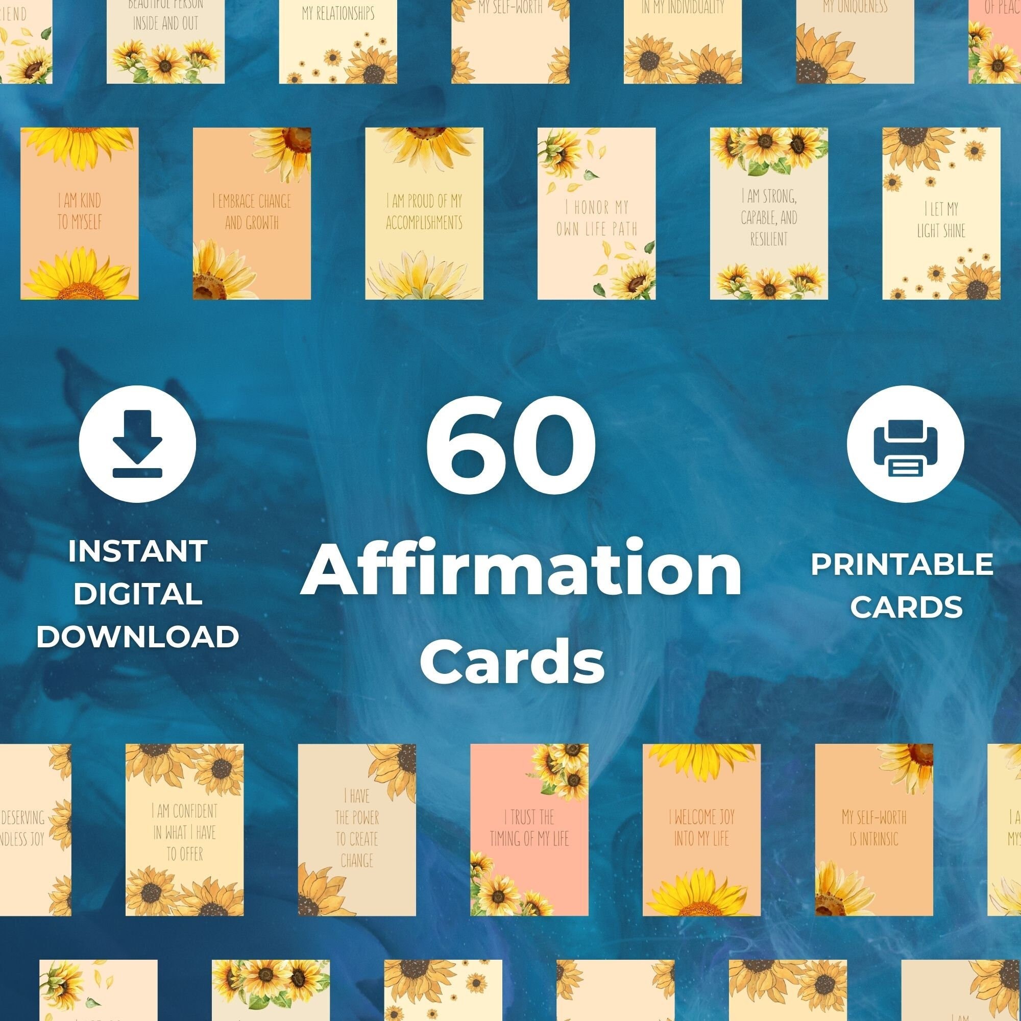 60 Printable Affirmation Cards, Positive Affirmations, Sunflower ...