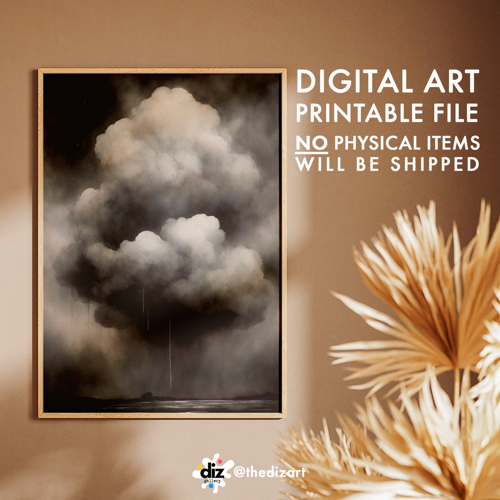 Rain Cloud Watercolor Wall Art, Floating Moody Cloud Painting, Dark ...