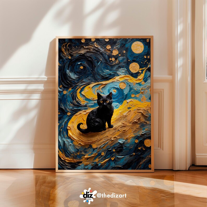 Van Gogh STARRY NIGHT Black Cat ART, Pet Animal & Starry Moon Painting ...
